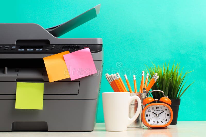 Printer, Copier, Scanner on Color Background . Office Table - Image ...