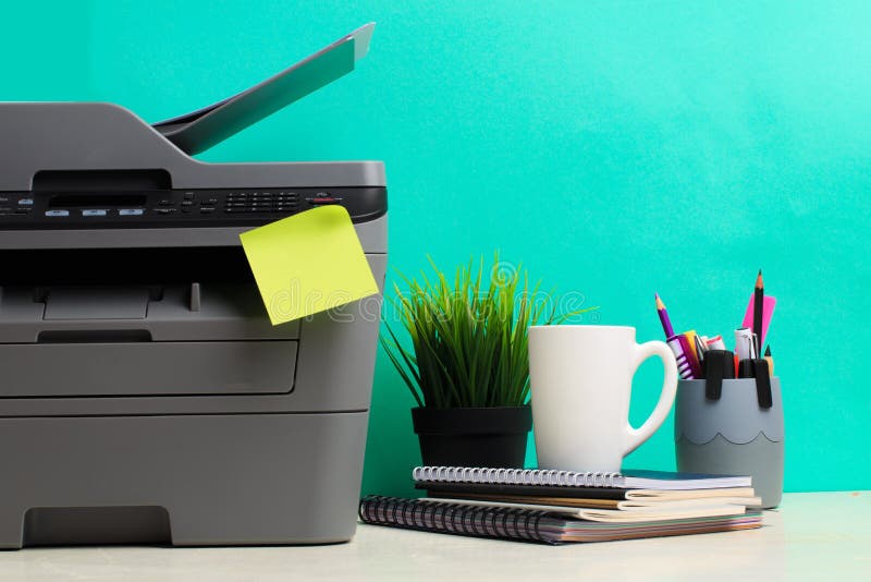 Printer, Copier, Scanner On Color Background . Office Table - Image ...