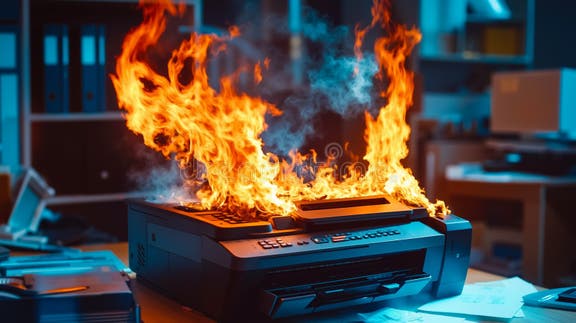 A Printer on Fire on a Desk in an Office Stock Photo - Image of burn ...