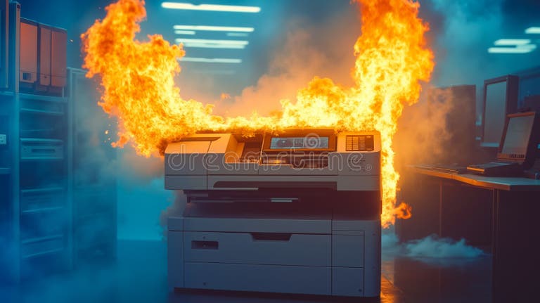 A Printer on Fire in an Office Setting Stock Image - Image of desk ...