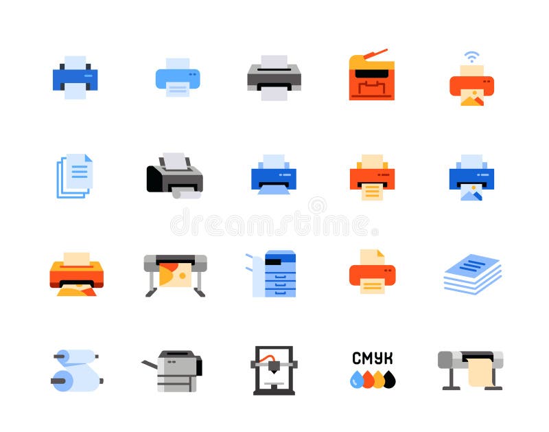 Printer Icon Set. Colorful Signs with Scanner, Document Copying ...