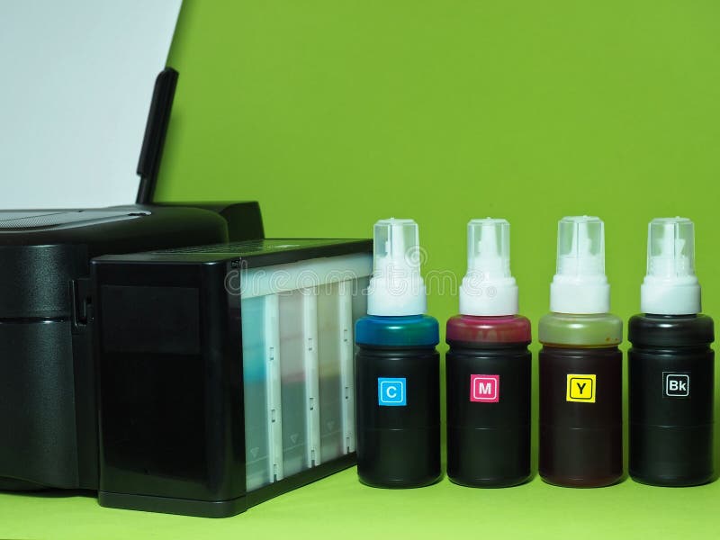 Printer and Printer Ink Color Bottles Stock Image - Image of economical ...