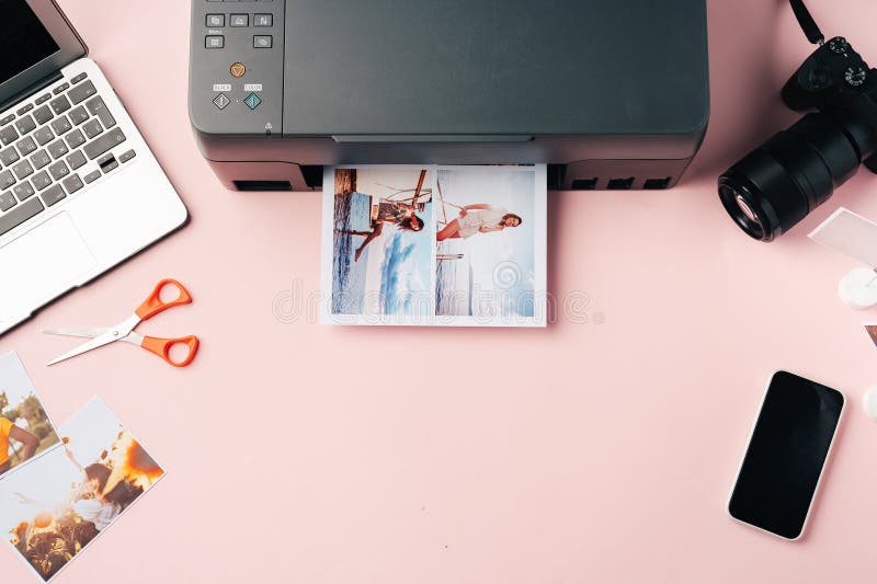 Printer, Laptop and Camera on Table Close Up. Printing Photos Stock ...