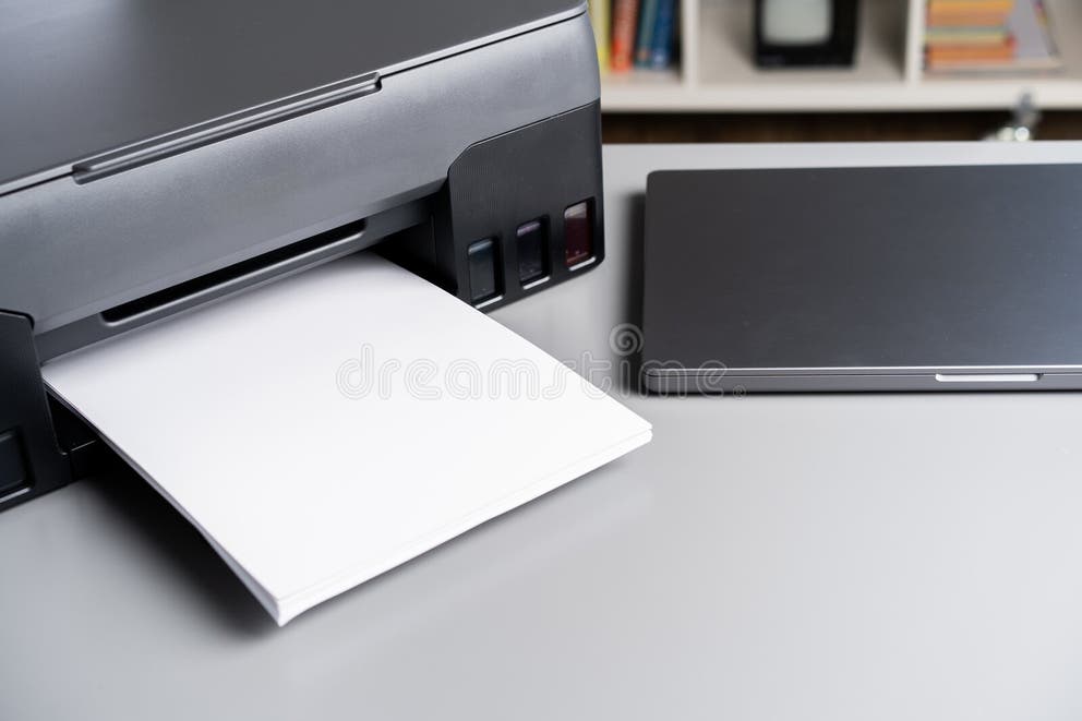 Printer and Laptop on Grey Table in Office Stock Image - Image of ...