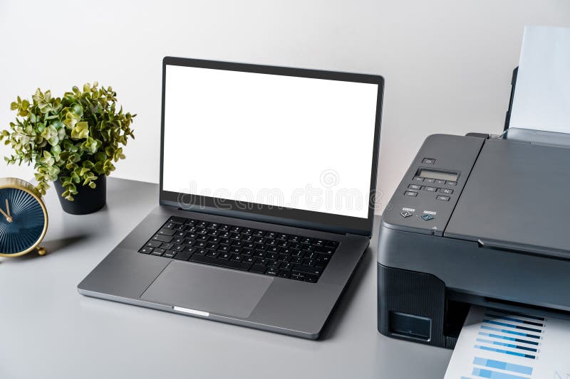 Printer and Laptop on Grey Table in Office Stock Photo - Image of ...