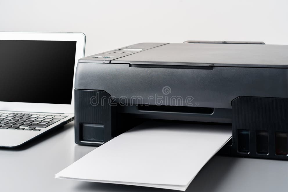 Printer and Laptop on Grey Table in Office Stock Photo - Image of wall ...