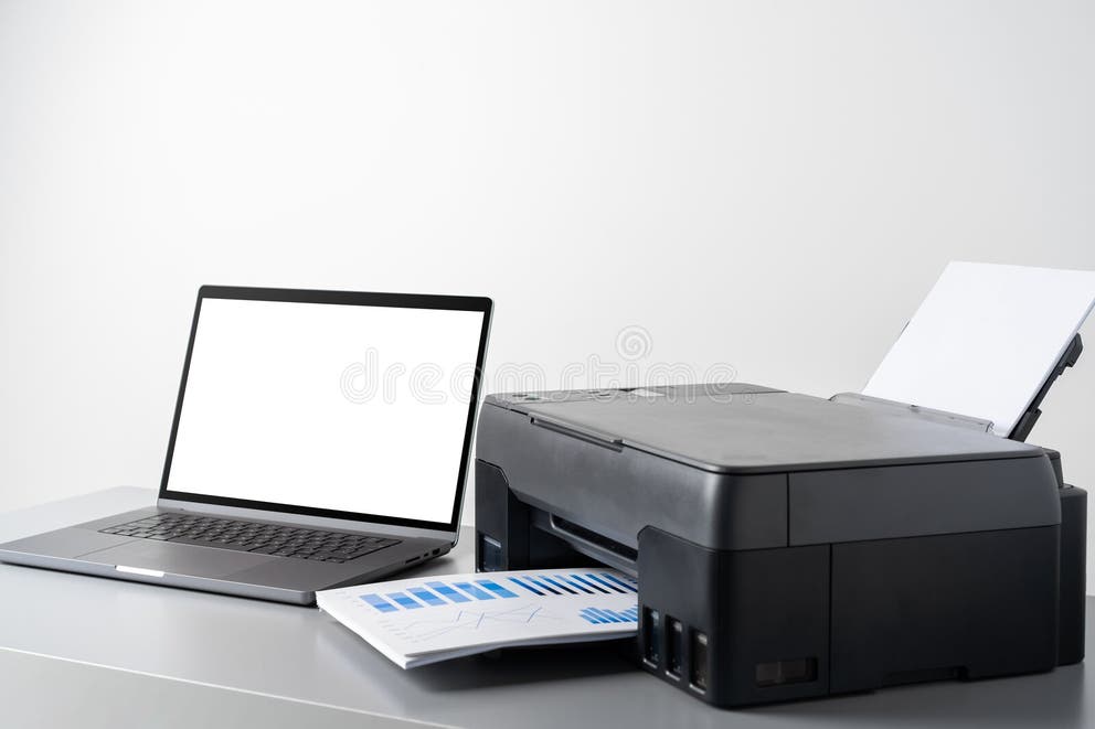 Printer and Laptop on Grey Table in Office Stock Image - Image of ...