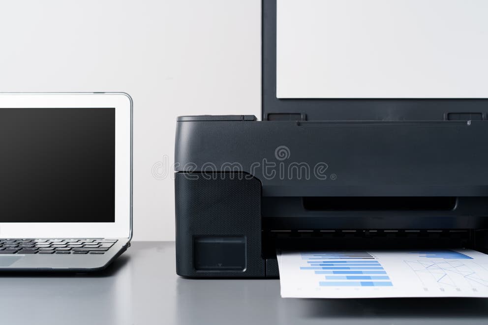 Printer and Laptop on Grey Table in Office Stock Photo - Image of ...