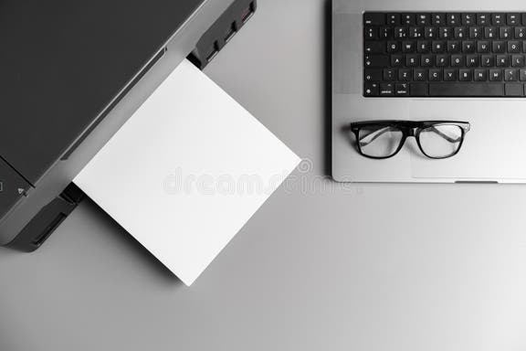 Printer and Laptop on Grey Table in Office Stock Image - Image of ...