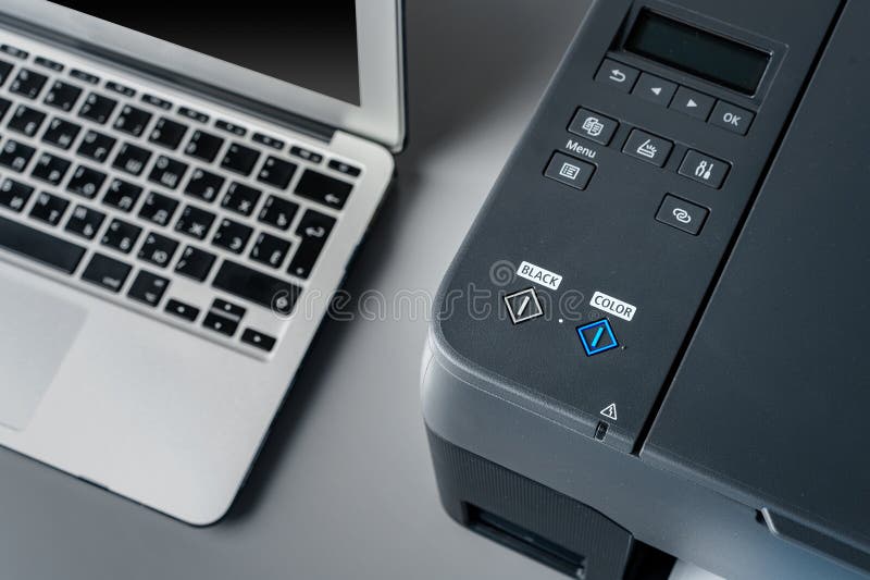 Printer and Laptop on Grey Table in Office Stock Image - Image of ...