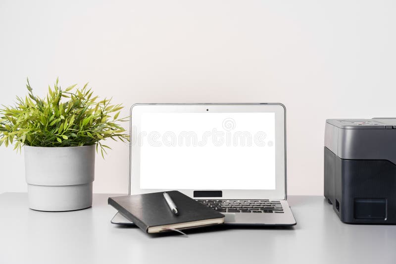 Printer and Laptop on Grey Table in Office Stock Photo - Image of ...