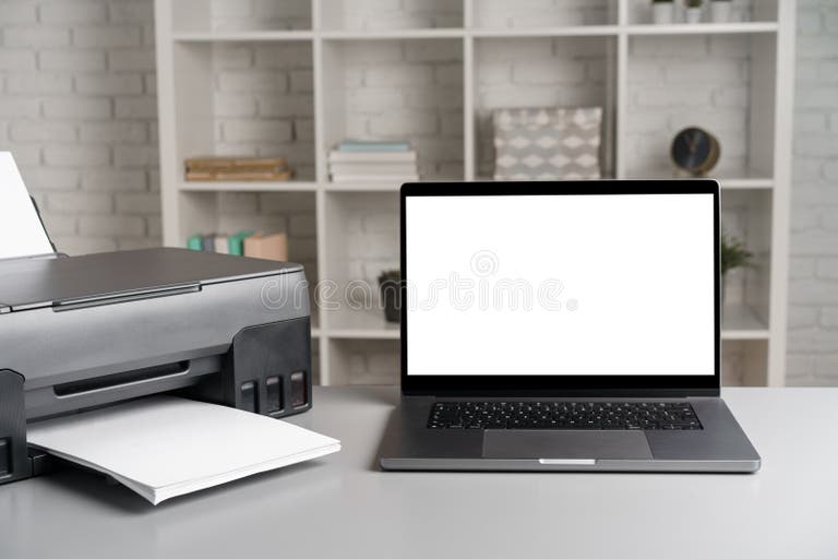 Printer and Laptop on Grey Table in Office Stock Image - Image of print ...