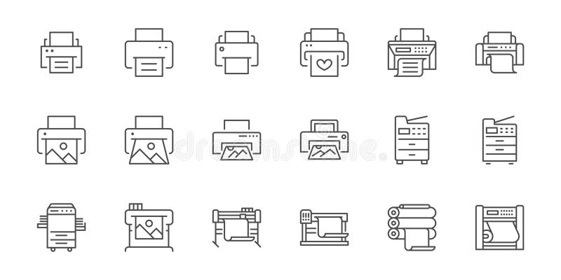 Printer Line Icon Set. Large Format Printing, Plotter, Scanner, Cutting ...