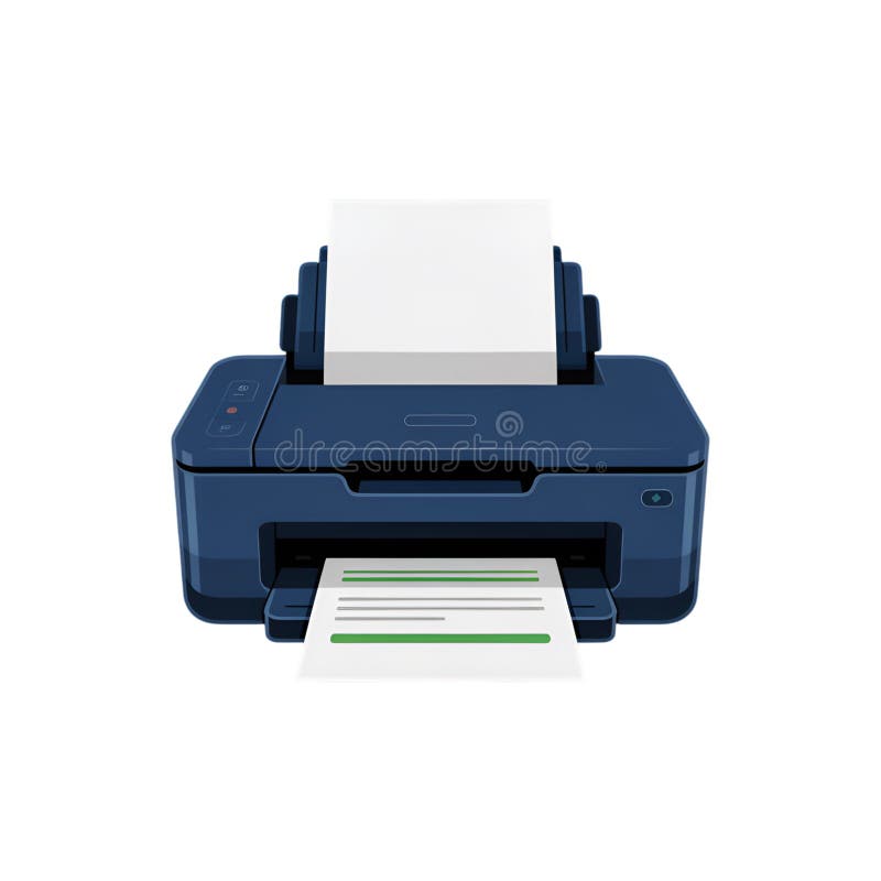 Printer with Paper Coming Out on White, Blue Office Equipment ...