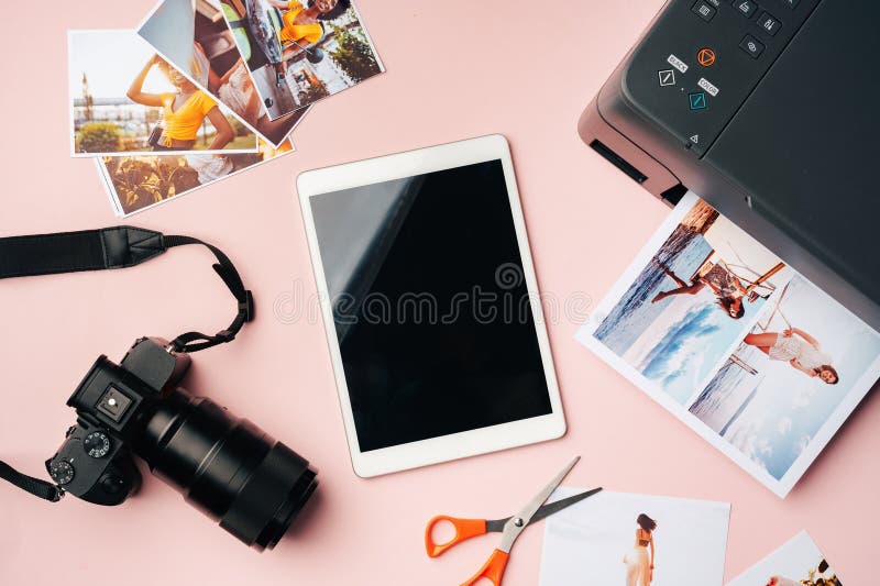 Printer, Photo Camera and Digital Tablet on Table. Printing Photos ...