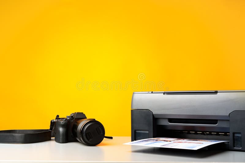 Printer and Photo Camera on Table. Printing Photos Concept Stock Image ...