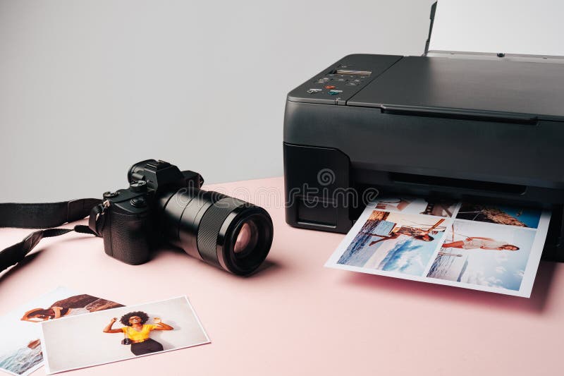 Printer and Photo Camera on Table. Printing Photos Concept Stock Image ...