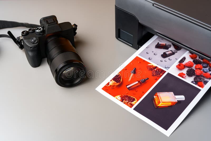Printer and Photo Camera on Table. Printing Photos Concept Stock Photo ...
