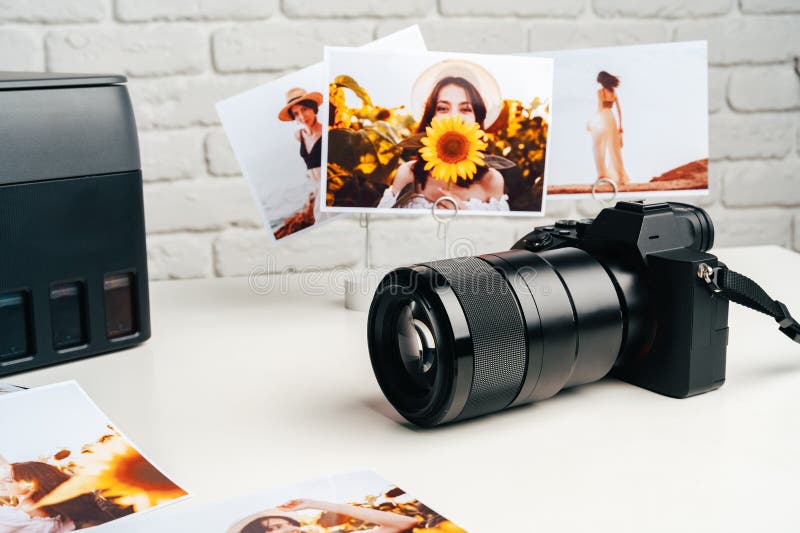 Printer and Photo Camera on Table. Printing Photos Concept Stock Photo ...