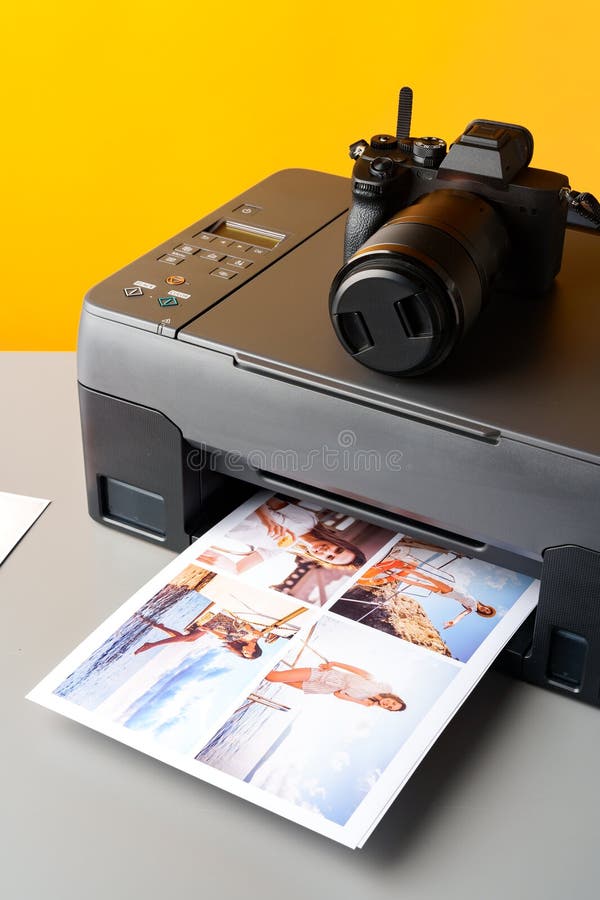 Printer and Photo Camera on Table. Printing Photos Concept Stock Image ...