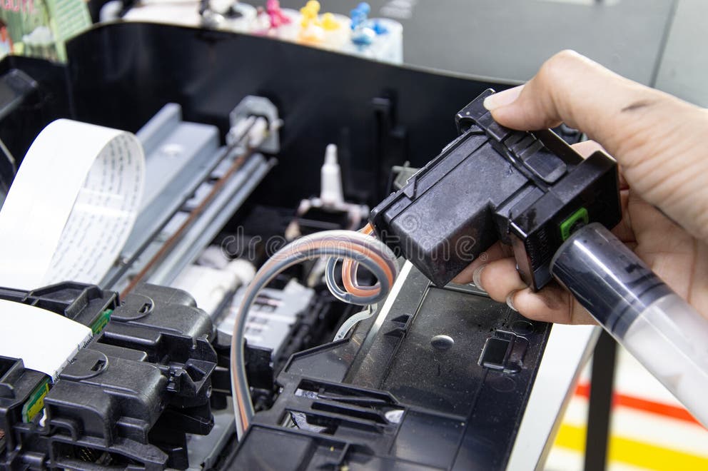 Printer Repair Technician, Print Head and Ink Suction Technician Stock Image - Image of print ...