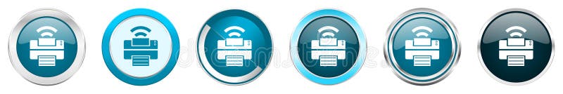 Printer Silver Metallic Chrome Border Icons in 6 Options, Set of Web ...
