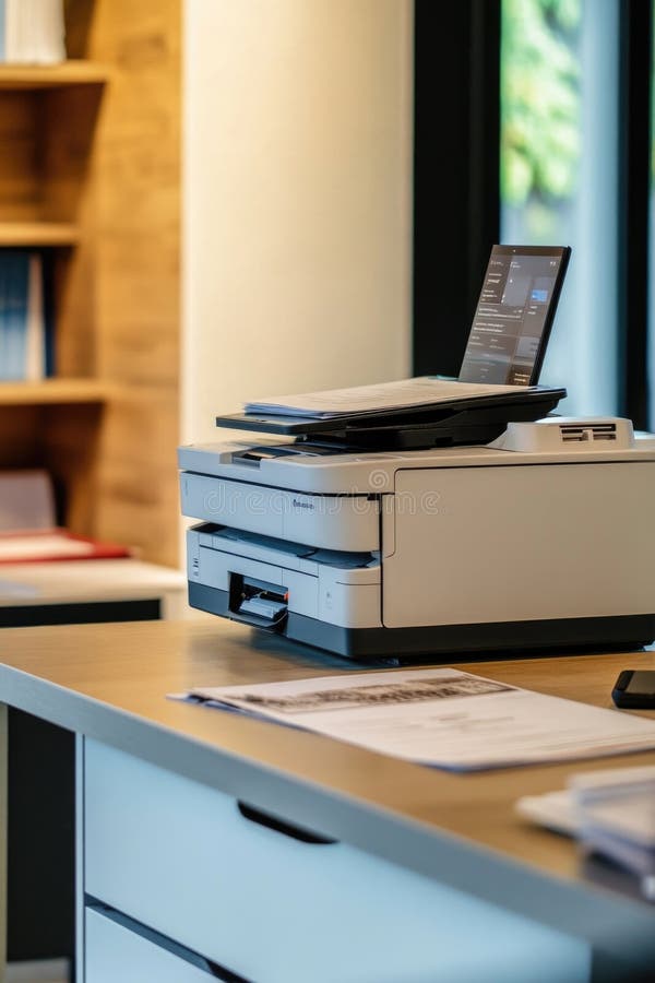 A Printer Sits on Top of a Wooden Desk, Ready To Use Stock Image ...