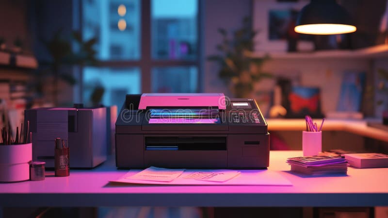 A Printer Sitting on a Desk beside a Lamp, Ideal for Office or Study ...