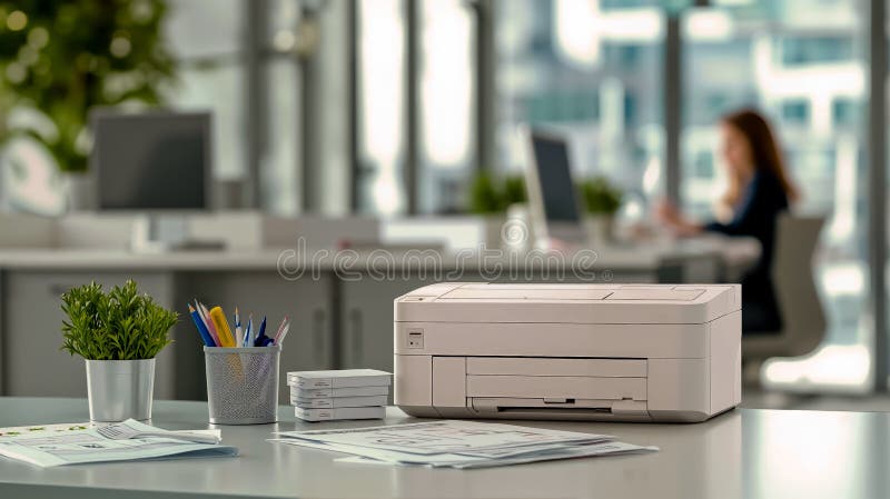 A Printer Sitting on Top of a Desk Next To a Plant Stock Image - Image ...