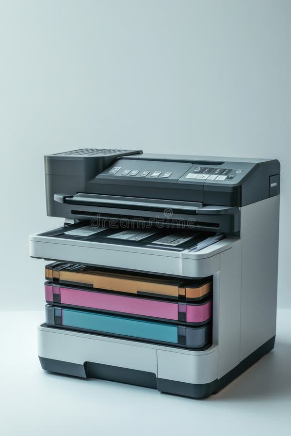 Printer Sitting on Top of Stacked Colored Papers, Great for Office or ...