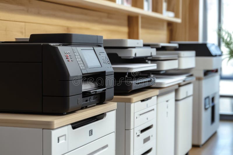 A Printer Sitting on Top of a Wooden Desk Stock Image - Image of ...