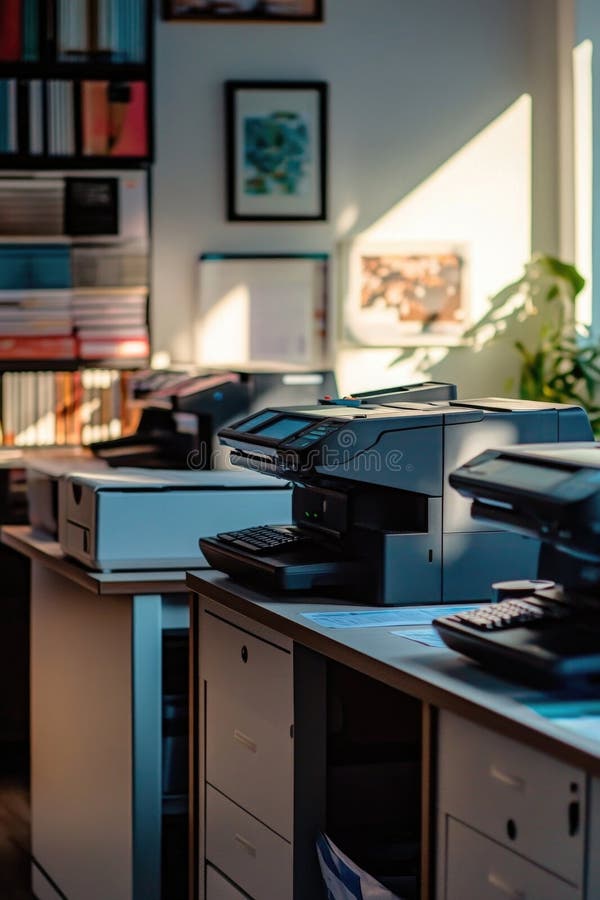 A Printer Sitting on a White Desk, Ready To Use Stock Photo - Image of ...