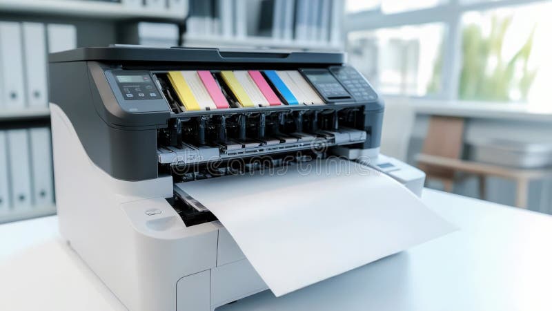A Printer Sitting on a White Table, Ideal for Office or Desk Scenes ...