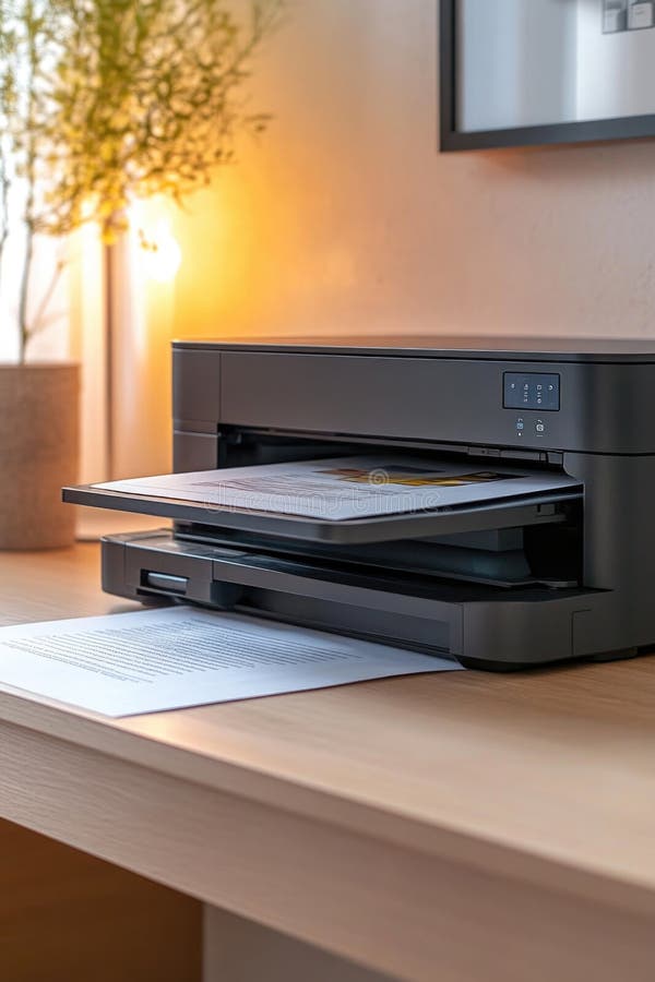 A Printer Sitting on a Wooden Desk, Ready To Use Stock Photo - Image of ...