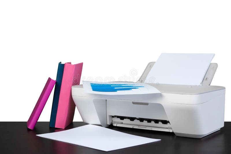 Printer and Stack of Books on Black Table Against White Background ...