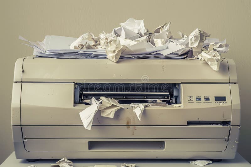 A Printer Stacked with Excessive Paper, Leading To a Jam, an Outdated ...