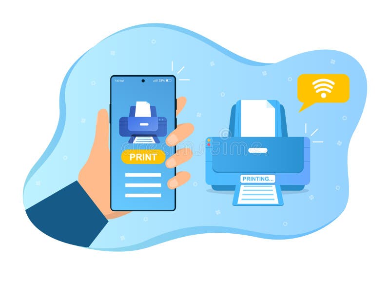 Printer Wirelessly Printing Document from Smartphone Stock Vector ...