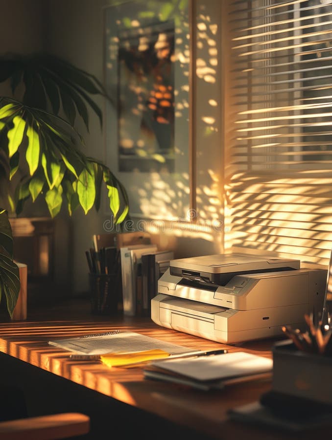 Printer on wooden desk stock photo. Image of desktop - 377321136