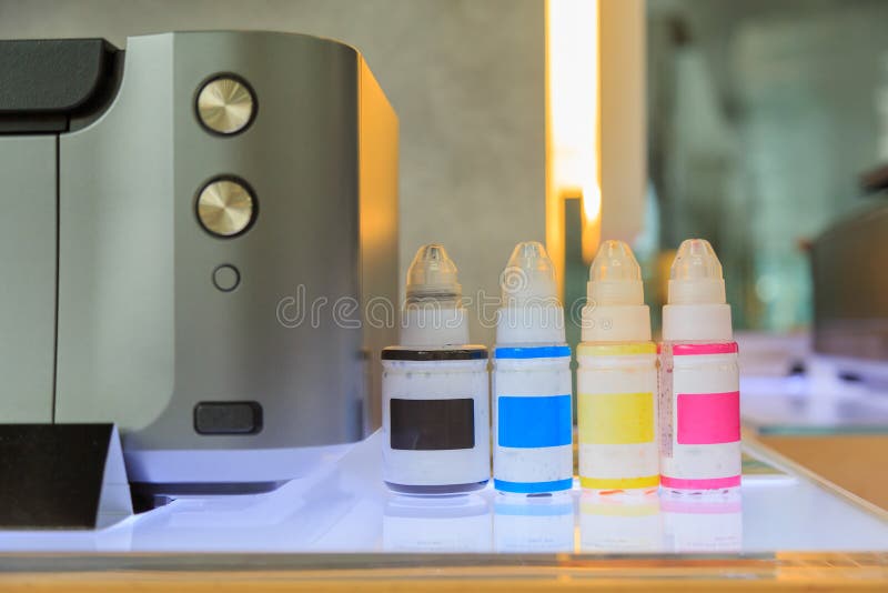 Printers and Empty Ink Bottles. Stock Photo - Image of equipment ...