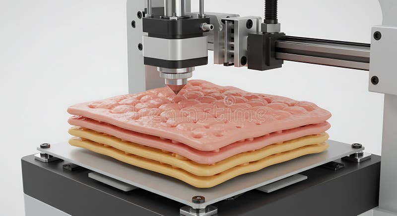 Printing Food with 3d Printer Creating Layer of Meat and Vegan Stock ...