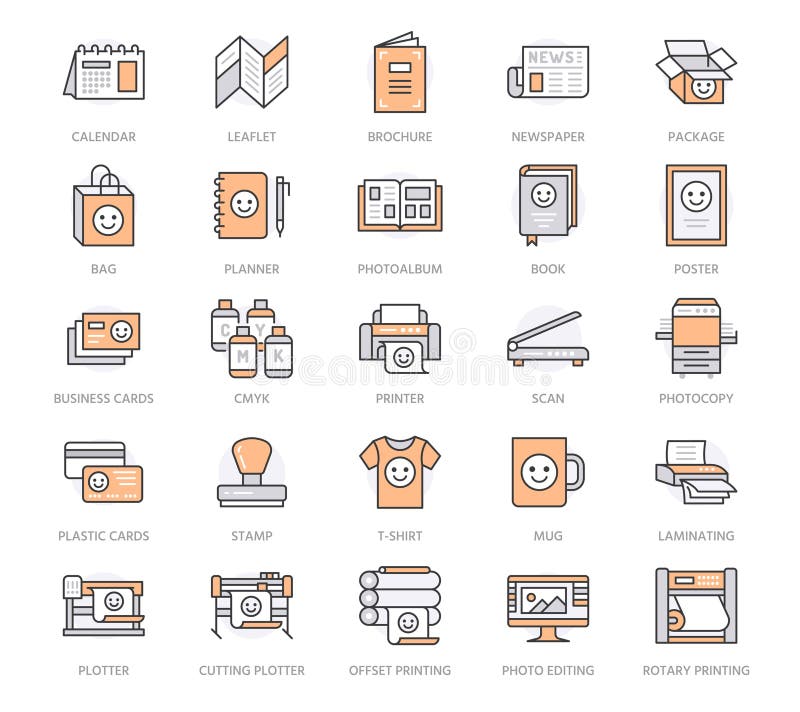 Printing House Flat Line Icons. Print Shop Equipment - Printer, Scanner ...