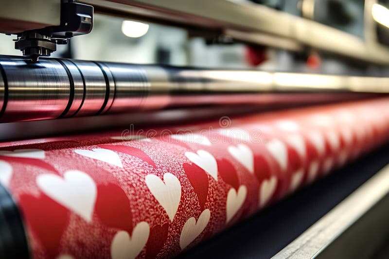 Printing Machine Processing Red Wrapping Paper with White Hearts ...