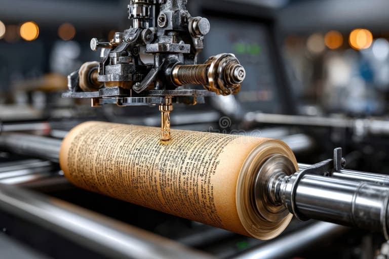 Printing Press in Action Creating Scrolls with Vintage Text Stock Photo ...