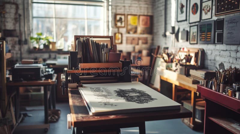 A Printing Press with Artwork in a Creative Studio Stock Illustration ...