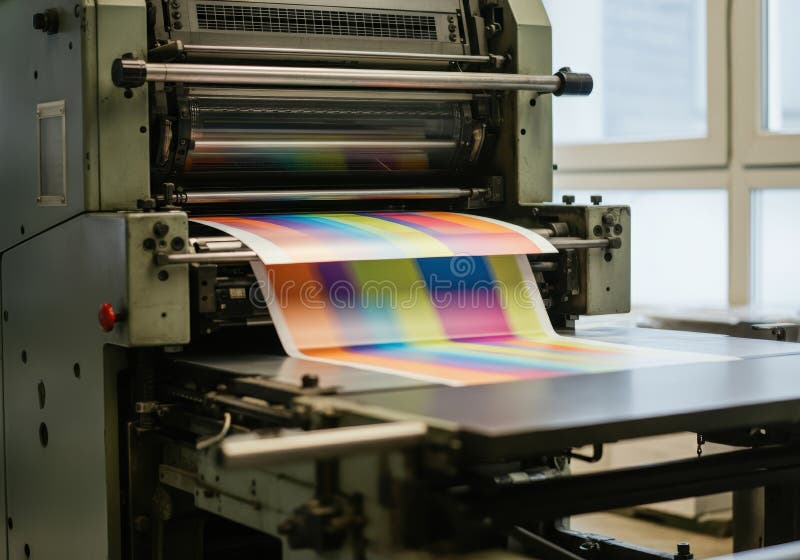 Printing Press Producing Vibrant Color Patterns on Paper Sheets Stock ...