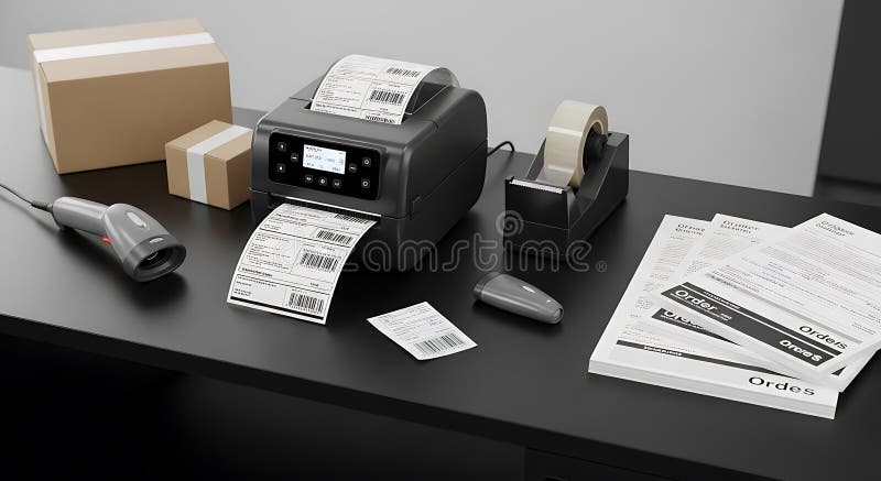 Printing Shipping Labels on Desk with Barcode Scanner and Packages ...