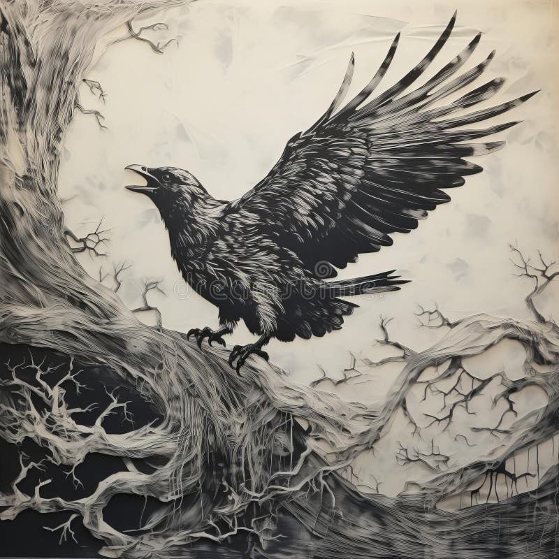 Majestic Black Crow on Twisted Tree Branch Printmaking Art Stock ...