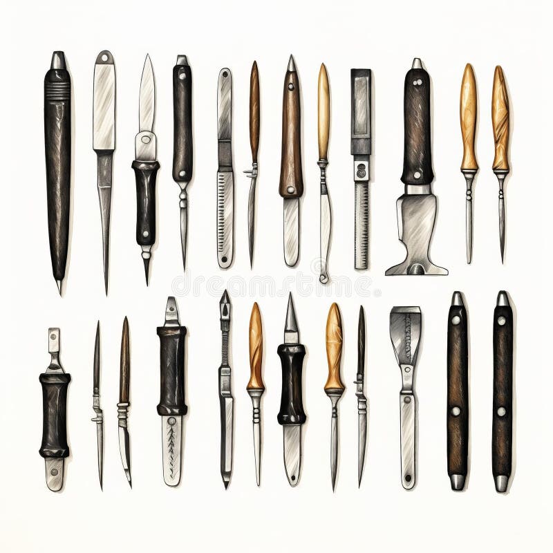 Precision Crafted Knives and Printmaking Tools on White Background ...