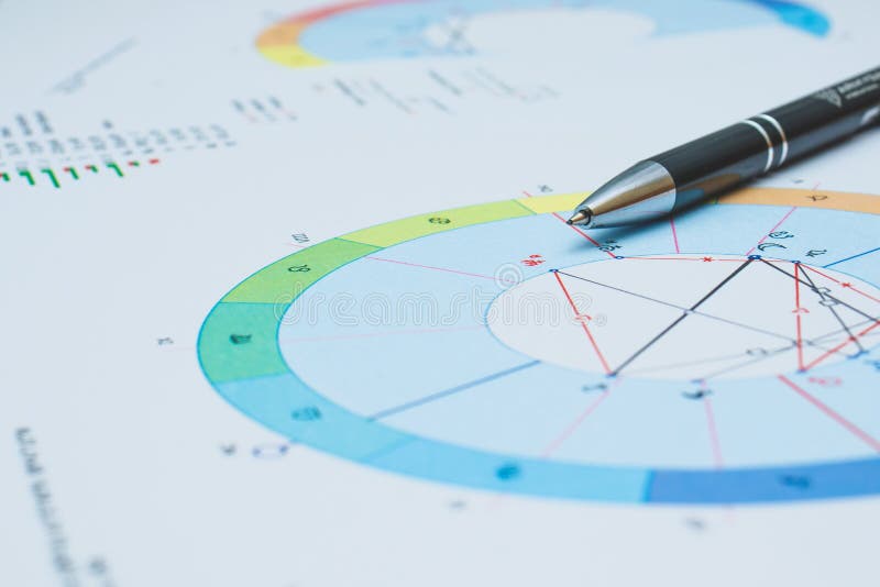 Printouts of Astrological Charts, Tables, Diagrams Lying on the Table ...