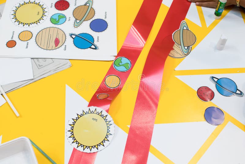 Prints of Colored Planets To Cut Out and Glue on a Red Ribbon. E Stock ...